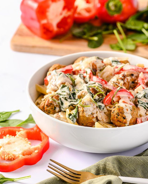 Roasted Garlic Chicken Meatball Pasta - Amylu Foods